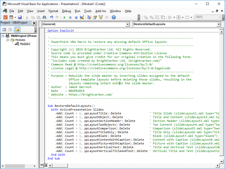 Restore default slide master layouts in PowerPoint with VBA | BrightCarbon